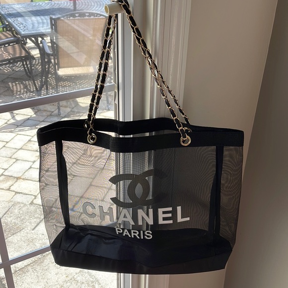 Bags | Designer Inspired Black Mesh Bag W Logo On Both Sides Chain ...